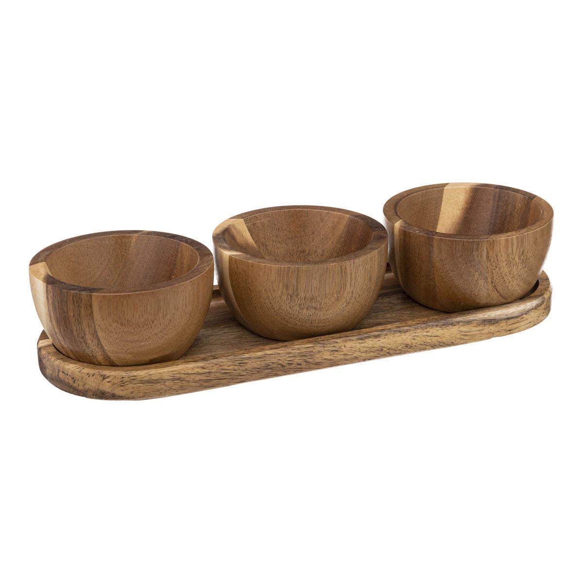Tray with Three Serving Bowls - Acacia wood