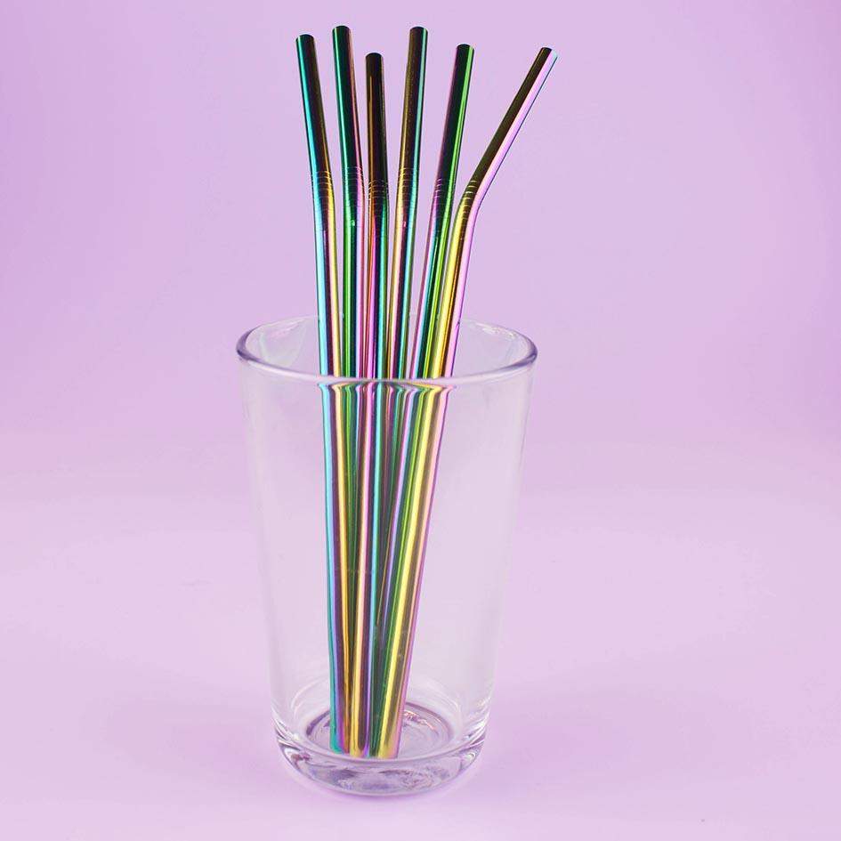 6x Bent Metal Drinking Straws - Rainbow
