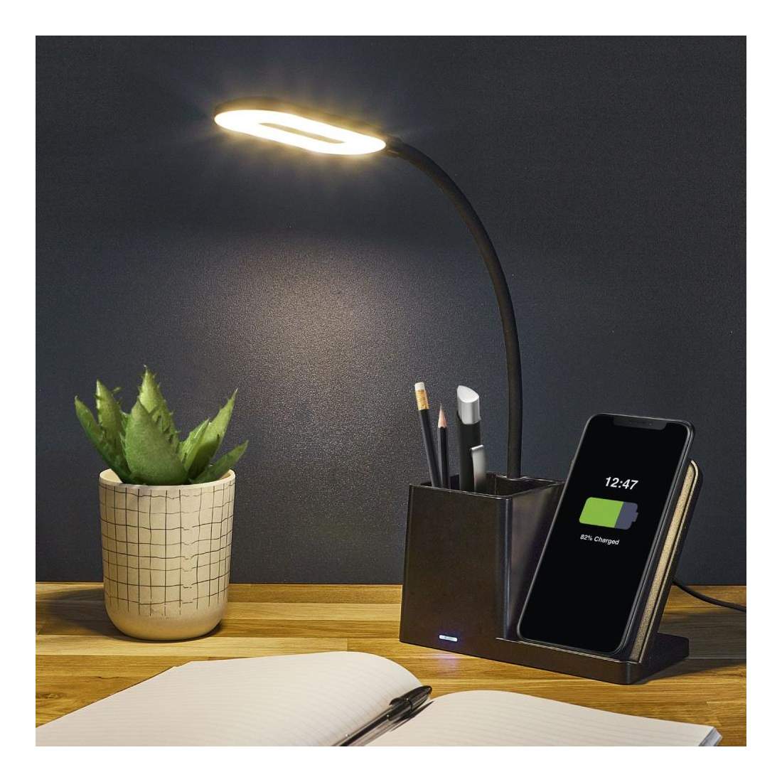 Skrivbordslampa med Mobilladdare och Pennställ