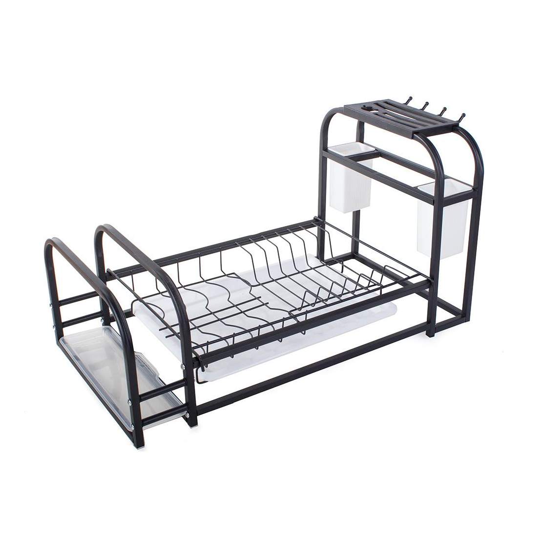 Disk rack with drip tray and shelf - black