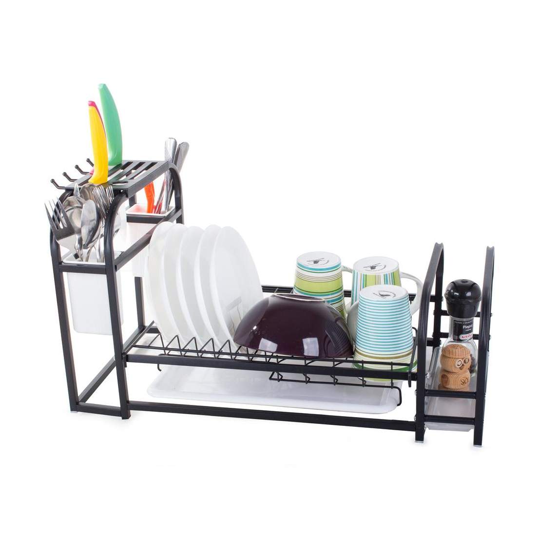Disk rack with drip tray and shelf - black