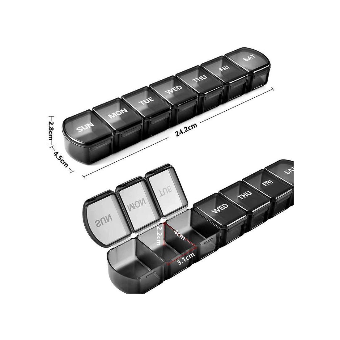 Dosing box for 1 week medication with large compartments