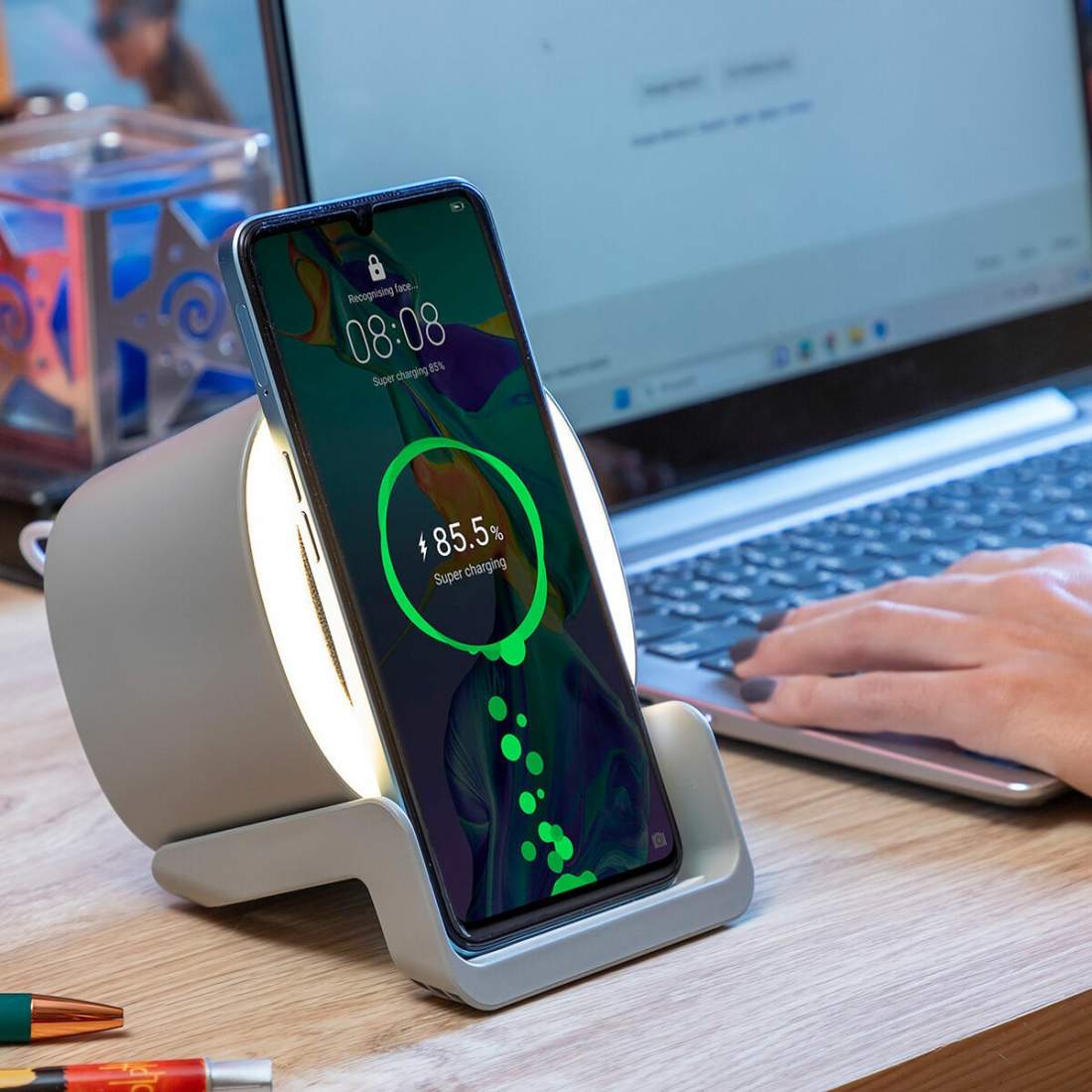 Wireless charger with speaker and LED lamps