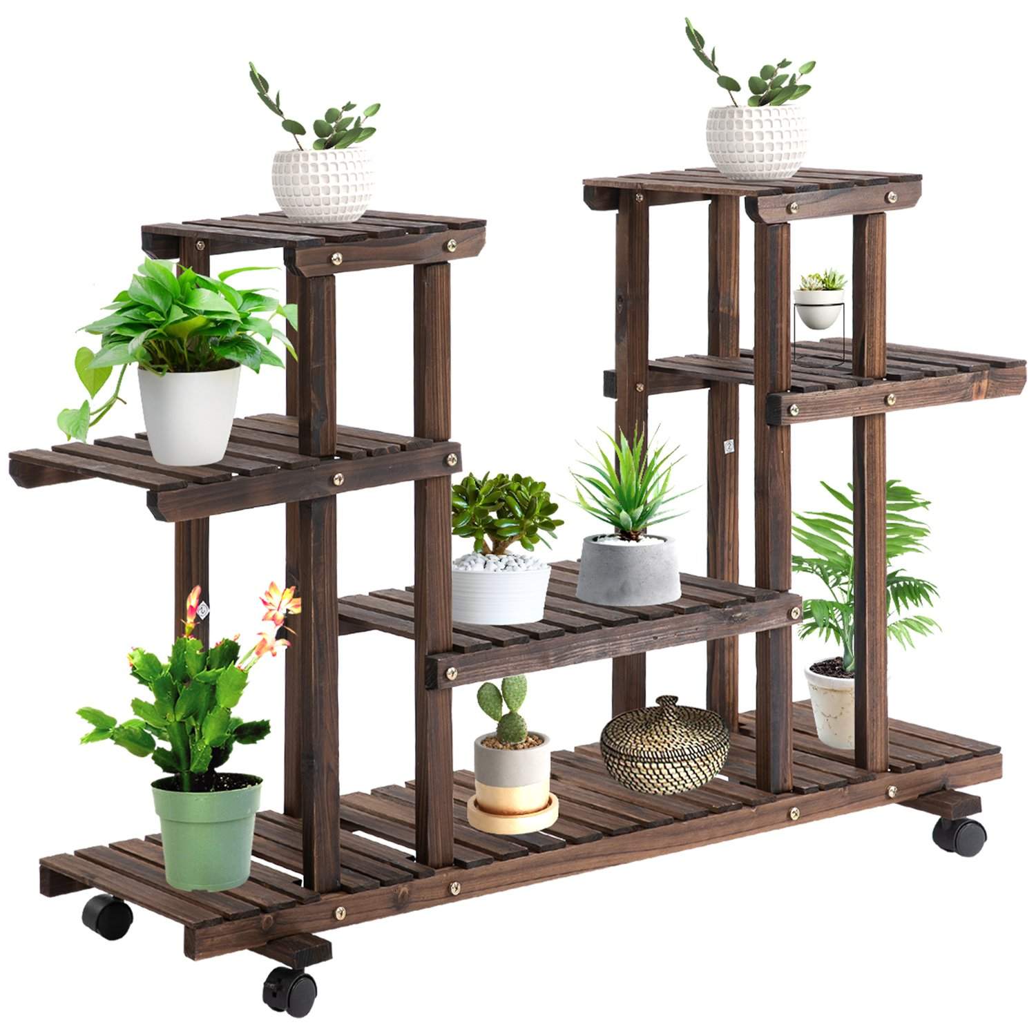 Solid Wood Plant Stand, 4 Shelves, Burnt Finish