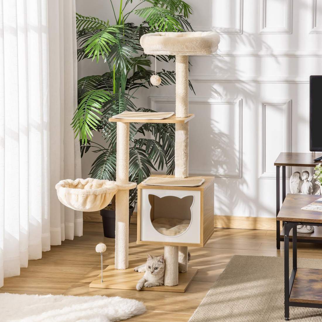 Beige Cat Tree Cat Cave Platform Wood Chipboard Sisal 126Cm Height