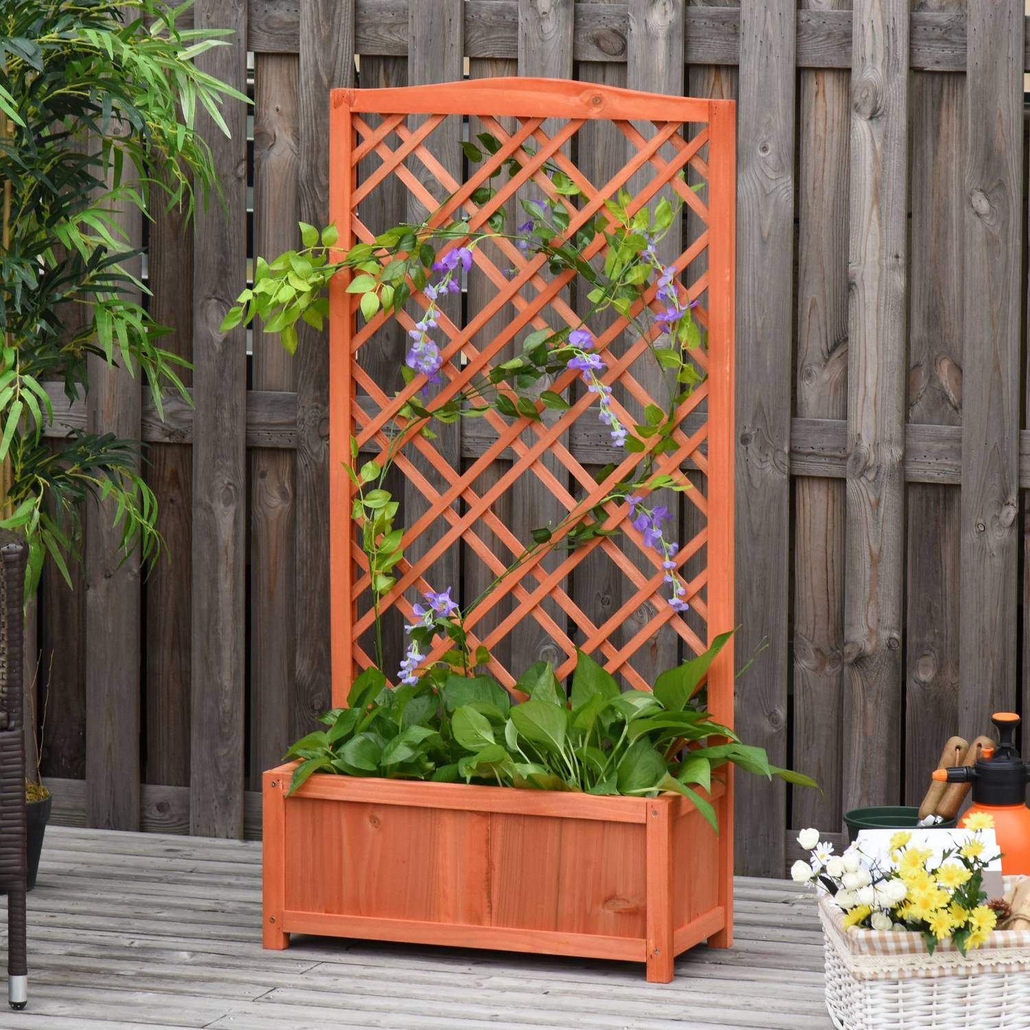 Plant Box Blomsterstander Med Espalier, Træ, Gul, 60X30X122,5 Cm