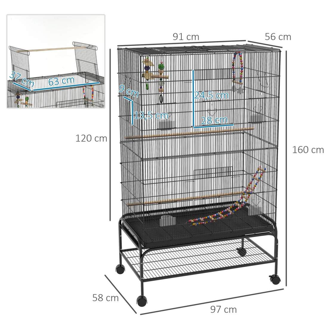 Bird Cage Bird Aviary With Perches Bird Builder With Shelf, Wheels ...