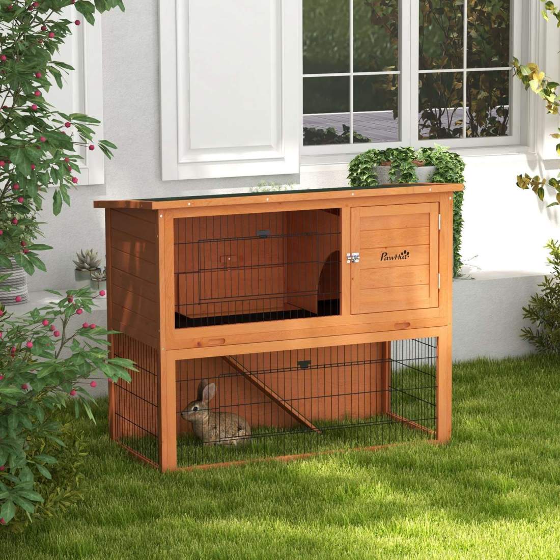Wooden Rabbit Hutch 2-Tier Small Animal Cage With Pallets, With Outdoor ...