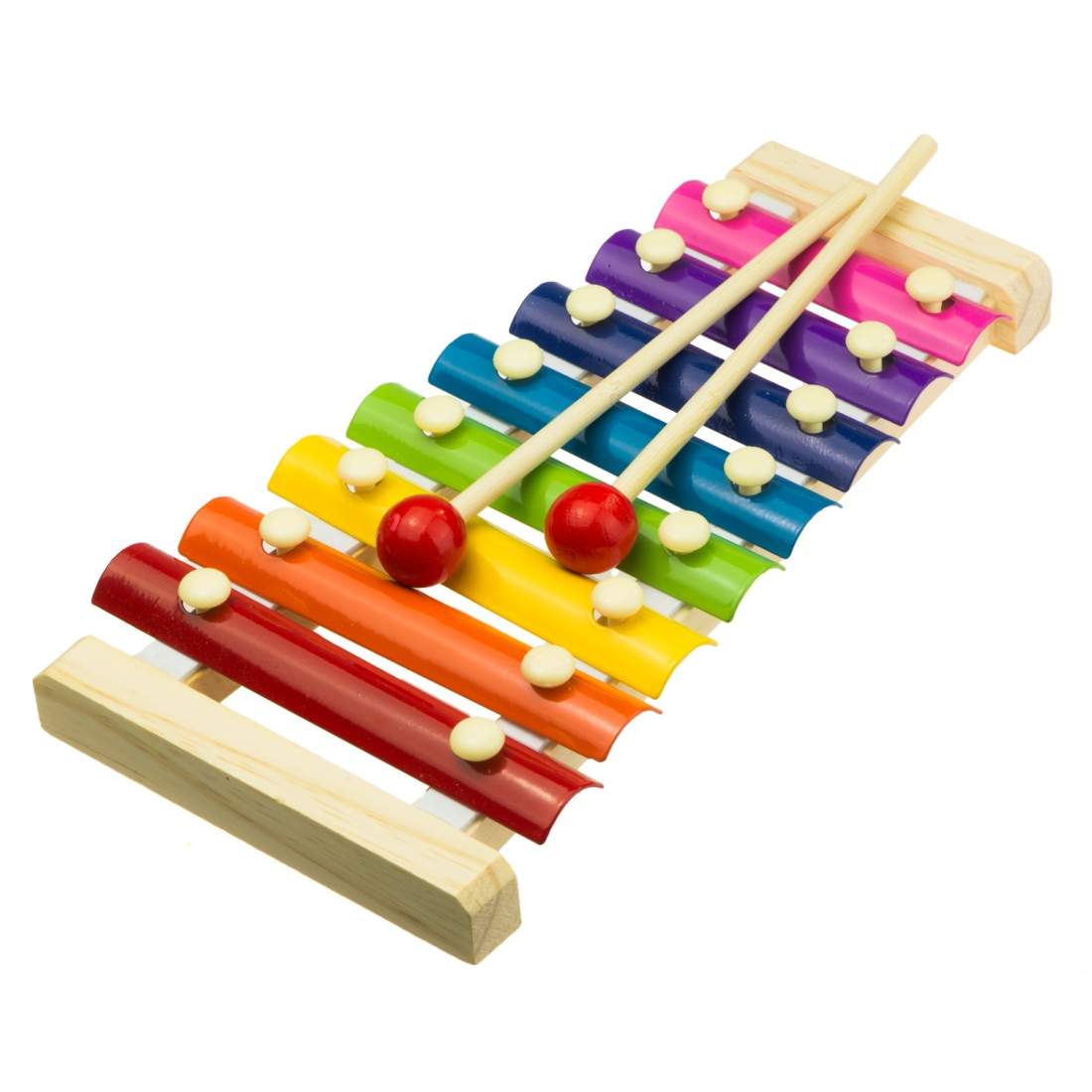 Rainbow colored wooden cymbals with batons