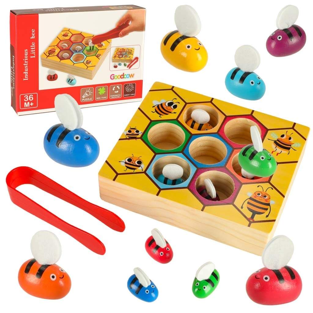 Educational wooden game with bees and tweezers for learning colors