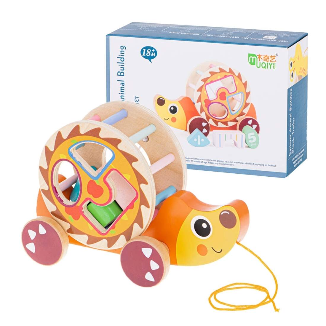 Hedgehog-shaped wooden toy with blocks and pull rope