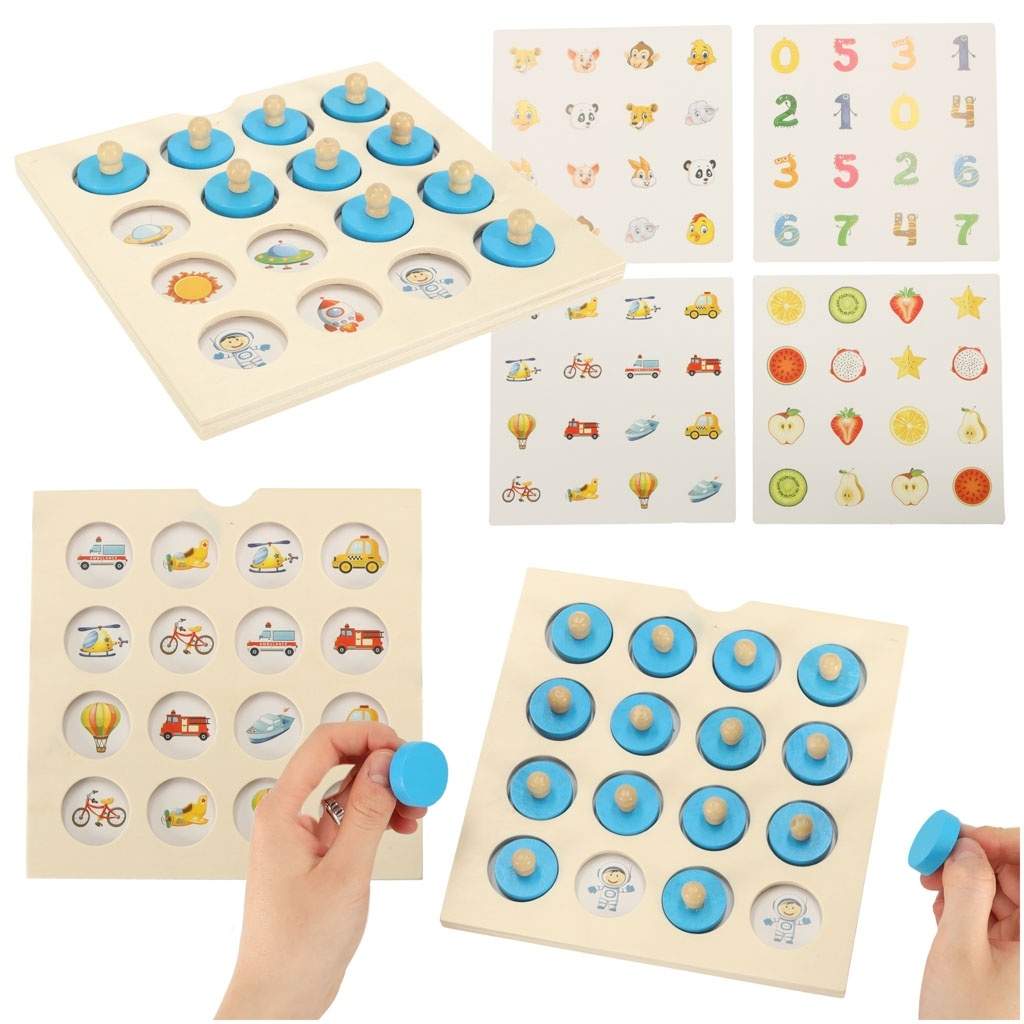 Wooden memory game with mushroom motif, double-sided cards