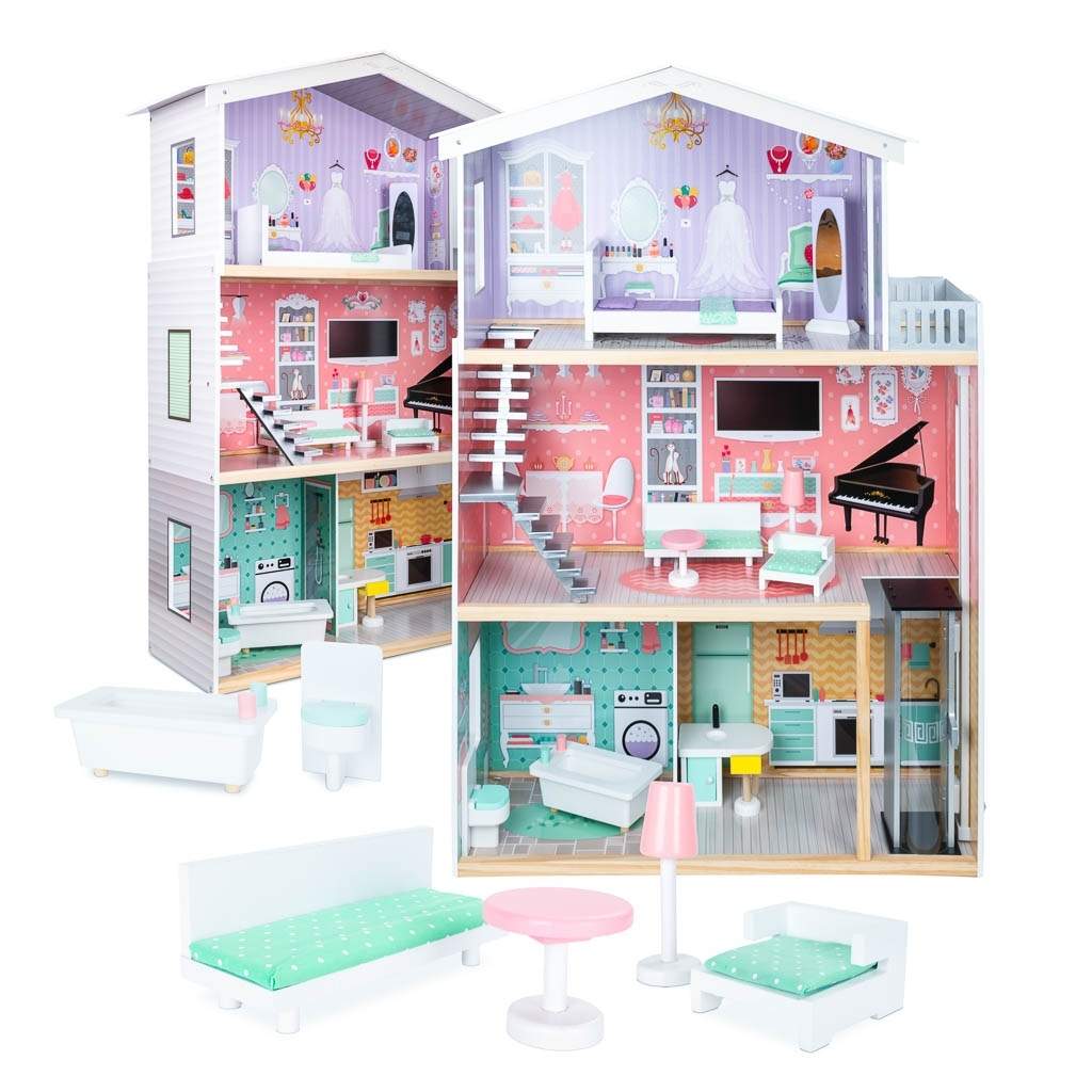 Large Wooden Dollhouse with Elevator, Balcony and Furniture, 4 Rooms