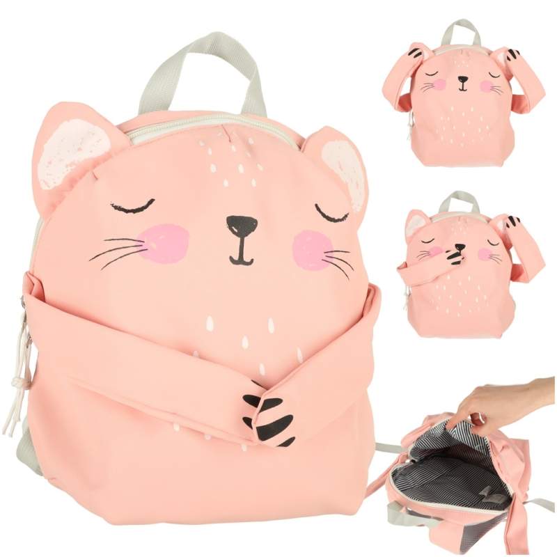 Cute pink backpack for kindergarten and school with a cat motif