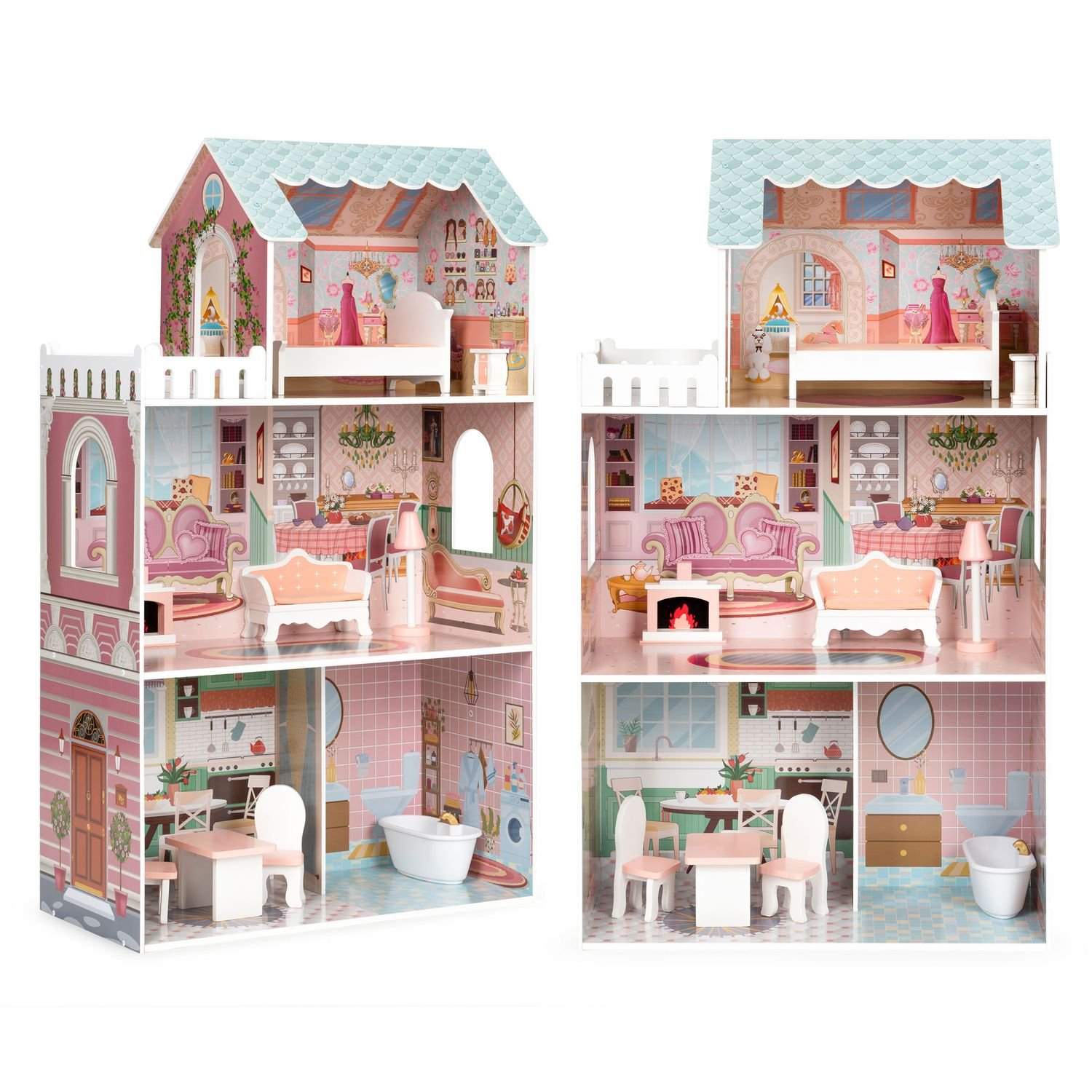 Large Dollhouse with 3 Levels, 5 Rooms and 9 Wooden Furniture