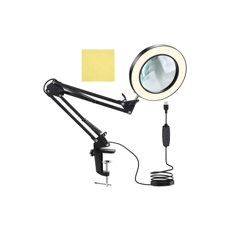 Adjustable LED lamp with magnifying glass, USB, Black