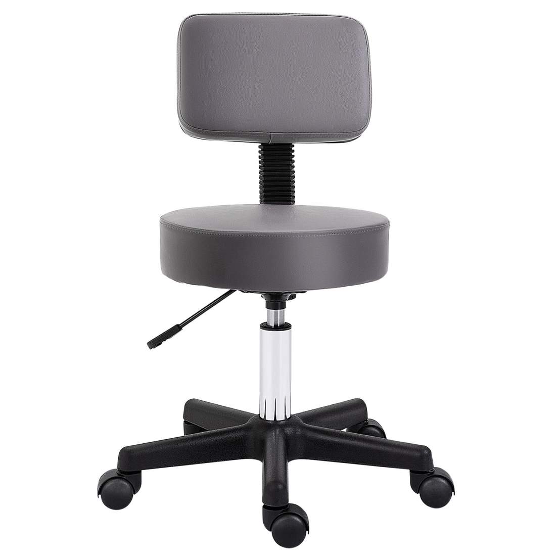 Raised and lowered gray work stool with backrest