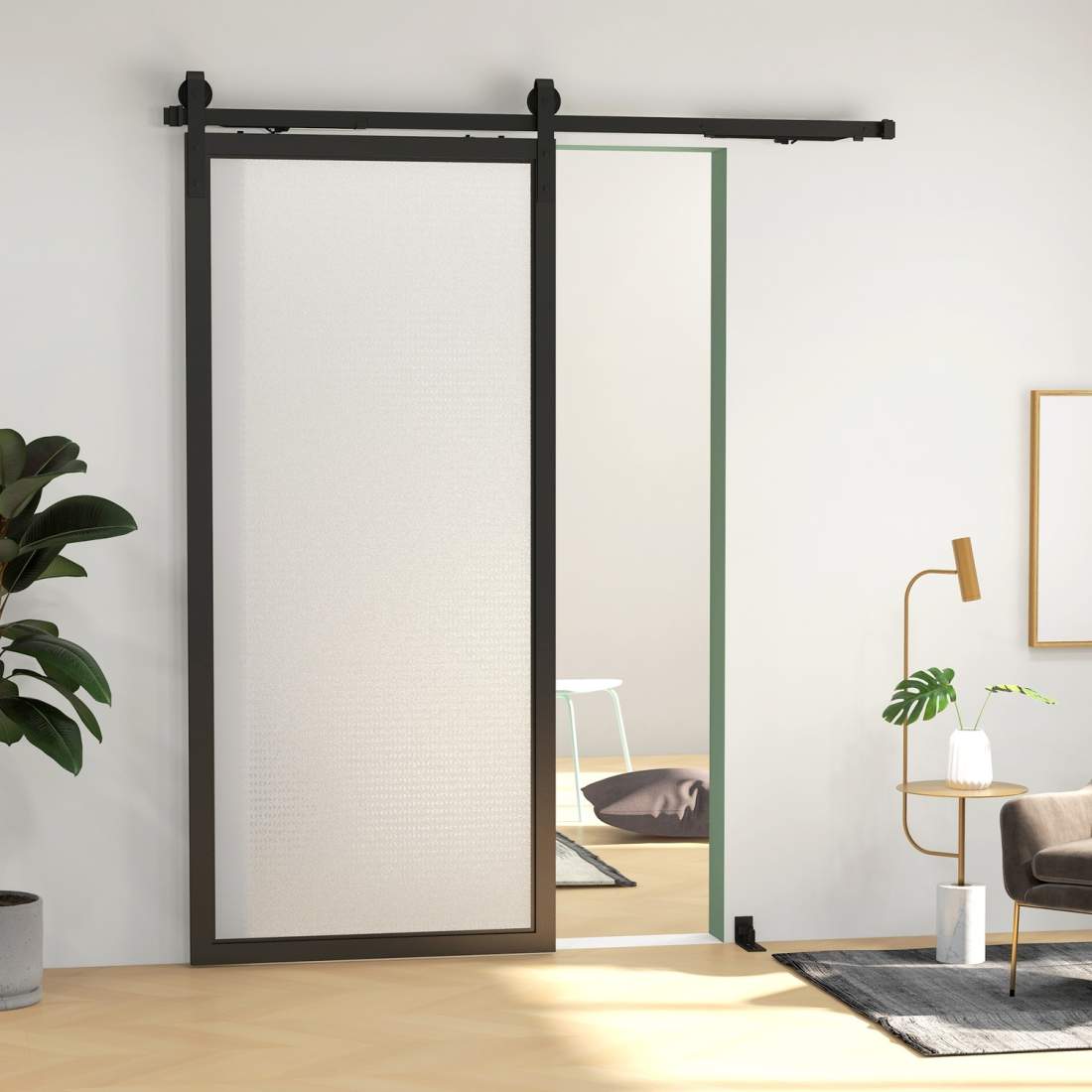 Sliding door fitting set, 183cm, with rails, rollers, anti-jump devices, door stop, floor guide ...