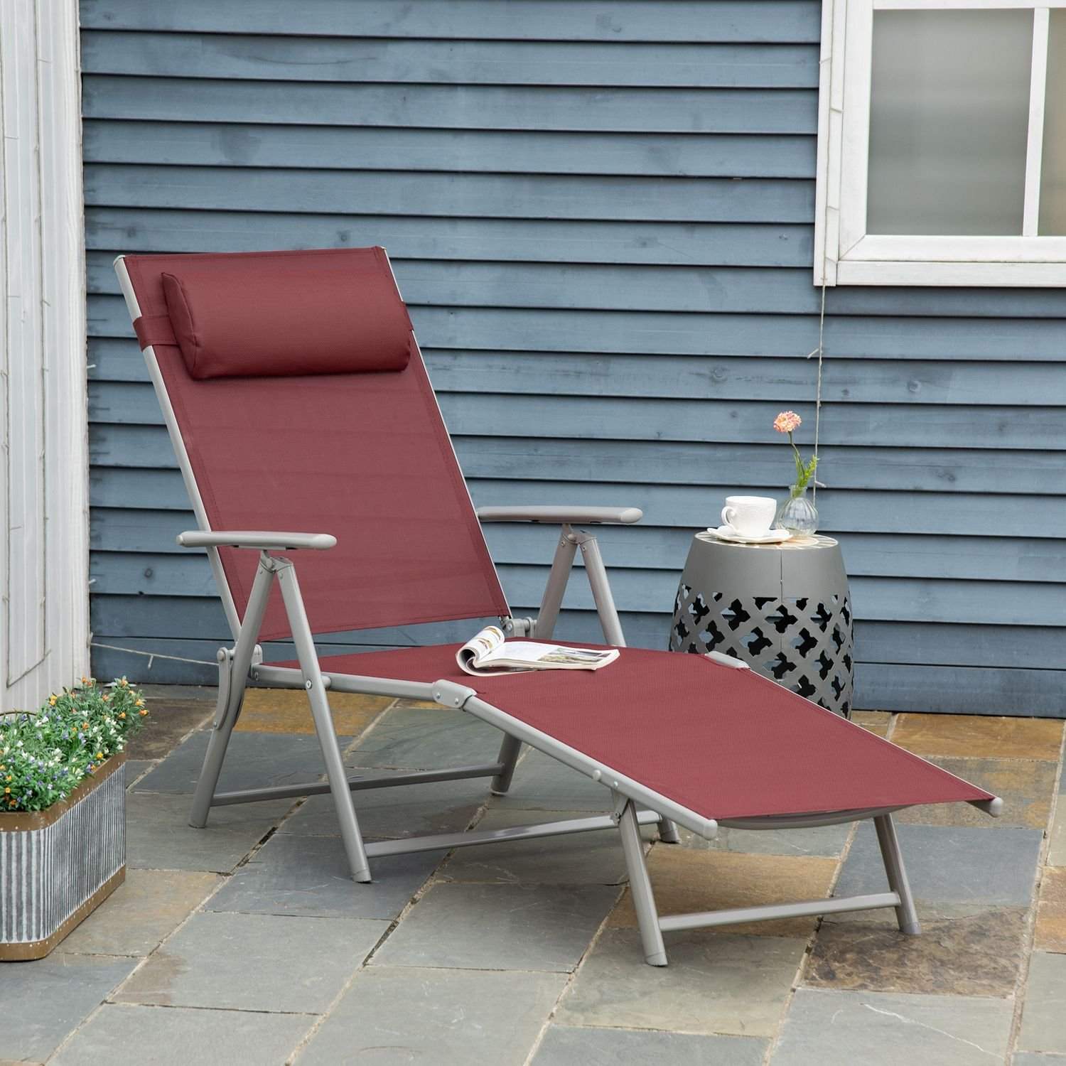 Vinröd solstol för balkong med kudde, justerbar