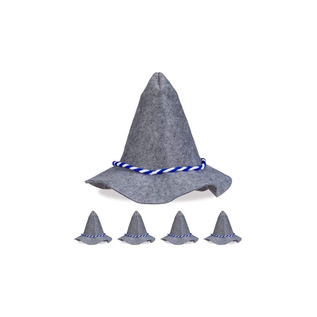 set of 5 Seppel hats with blue and white cord
