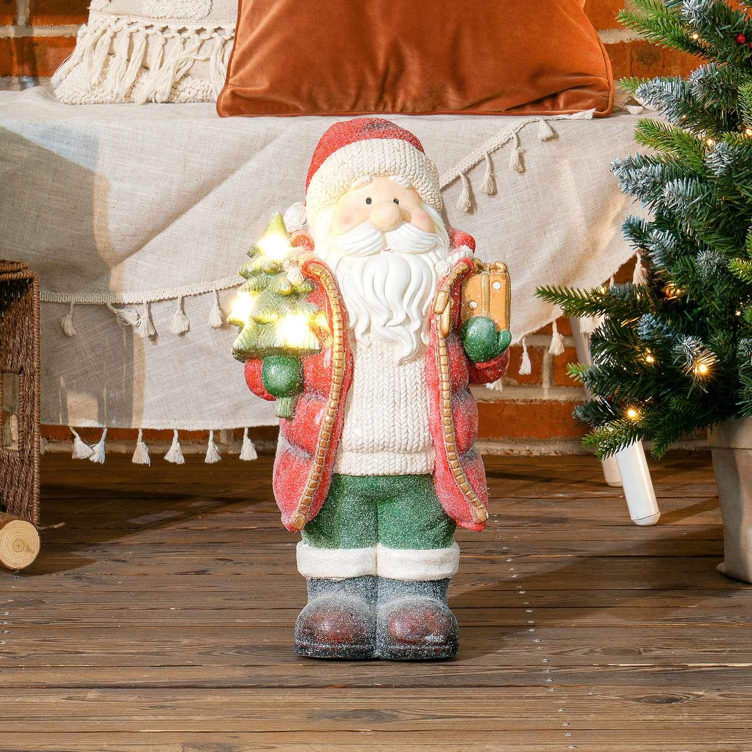 Julepynt figur, julemand med juletræ og gave, 50 cm julefigur med LED ...