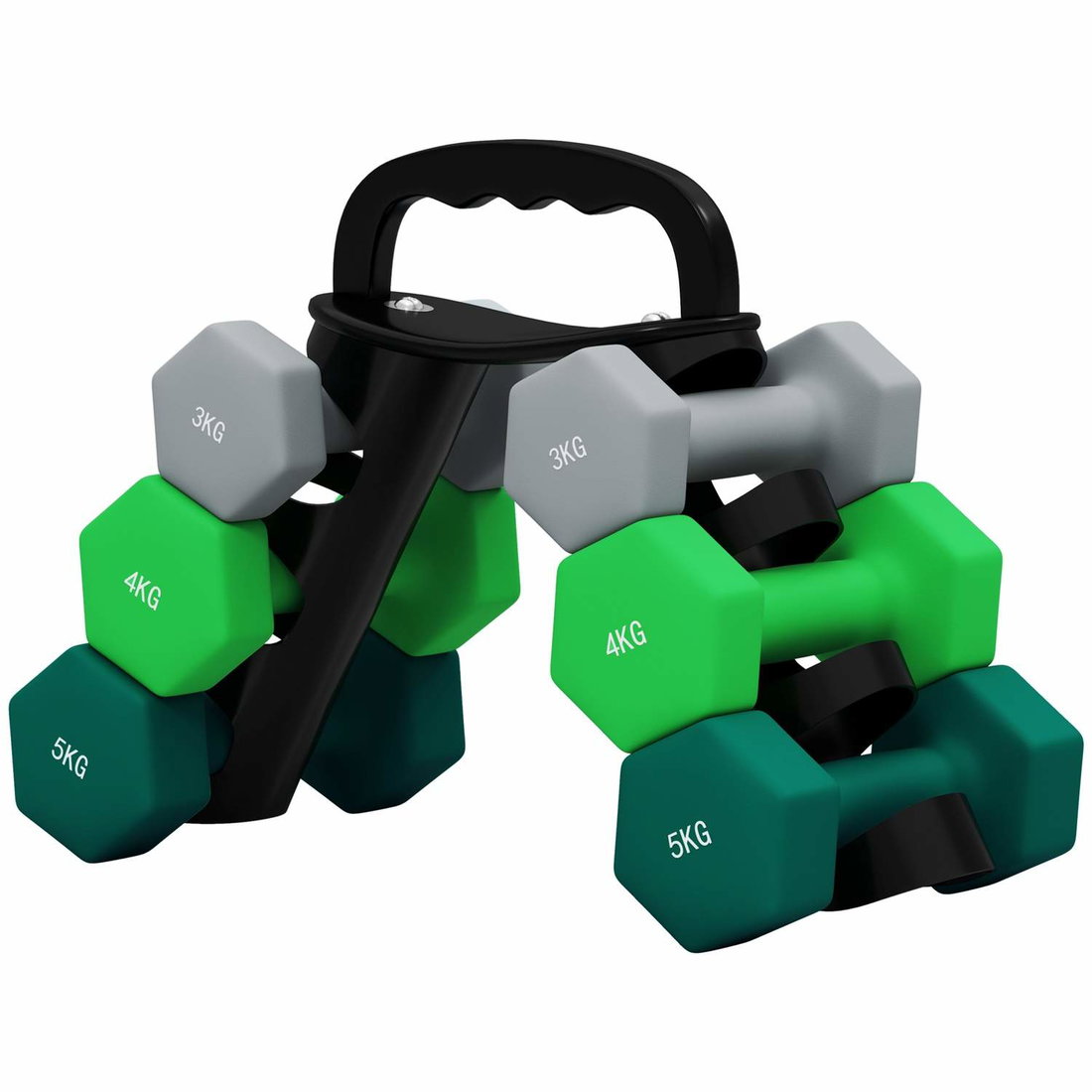 Set med 6 hantlar 2 x 3 kg, 2 x 4 kg, 2 x 5 kg, hantelset med stativ ...