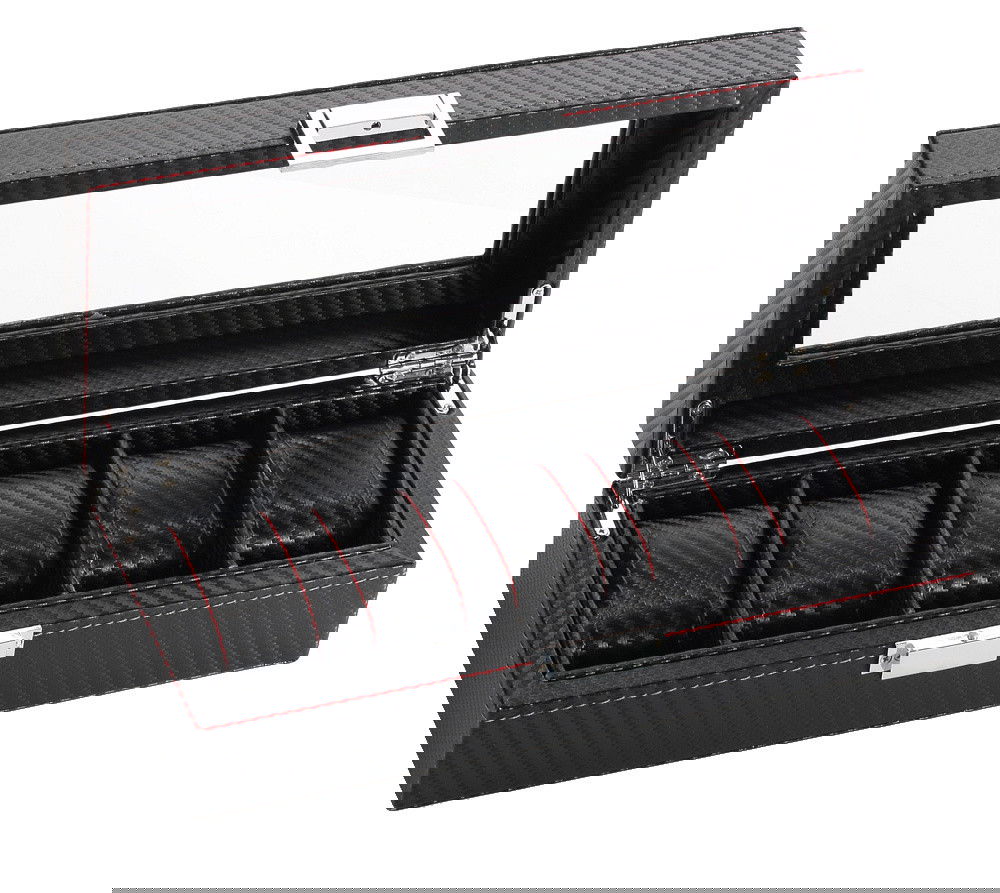 Premium Carbon Fiber Watch Box - 5 Slots with Silver details