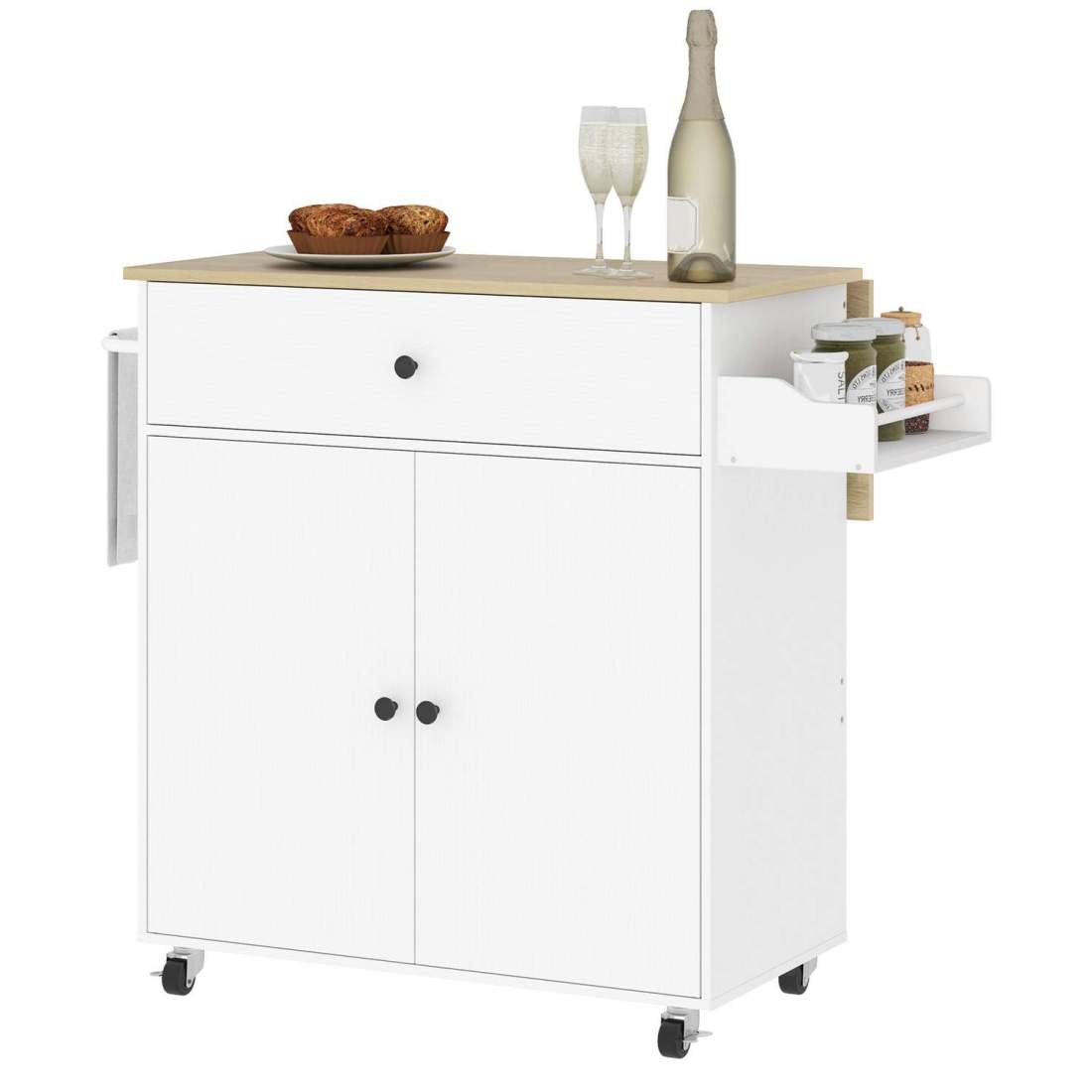 Kitchen island kitchen trolley on wheels with folding worktop, drawer ...