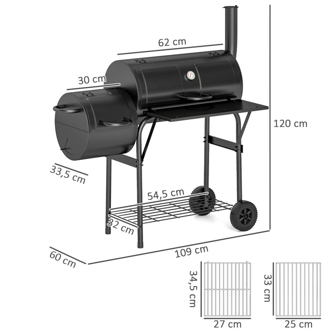 Kolgrill av stål BBQ rökare med lock termometer hjul hylla mobil grillvagn med lufttillförsel ...