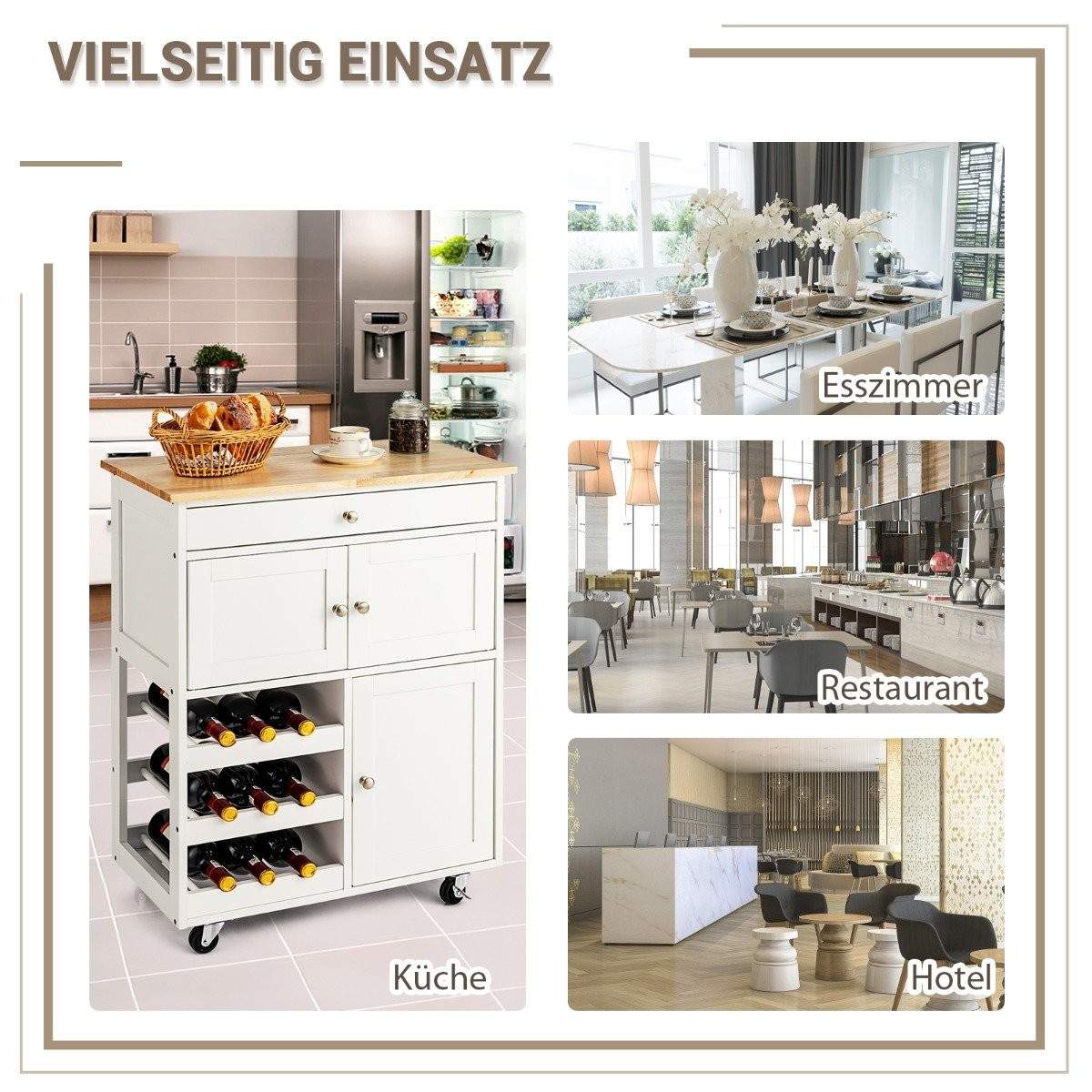 Wooden kitchen trolley serving trolley kitchen trolley with 3 wine racks