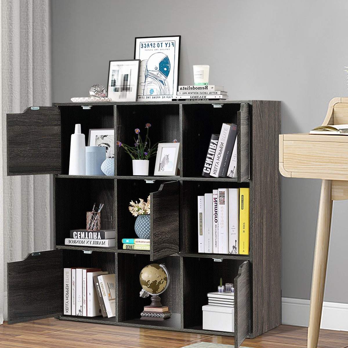 9-Compartment Storage Organizer Shelf with Doors Freestanding Wooden ...