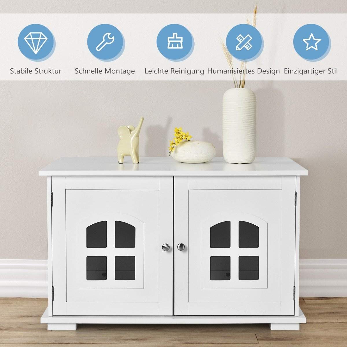 Litter Box Enclosure Cat House with Double Doors and Windows Decorative ...