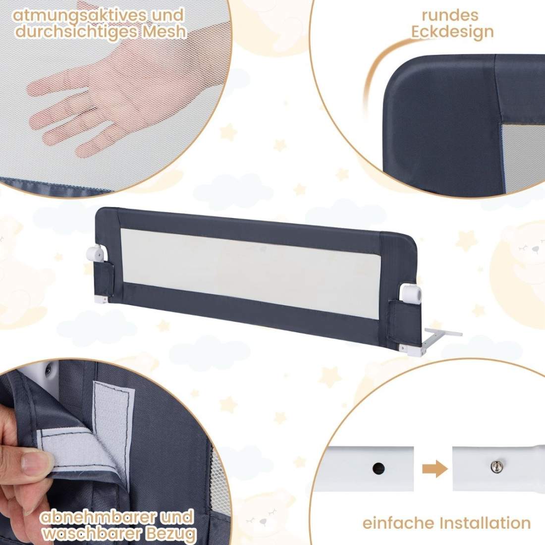 Fällbar sängstång med justerbara & ett-klicks vikband sängskydd 150 x ...