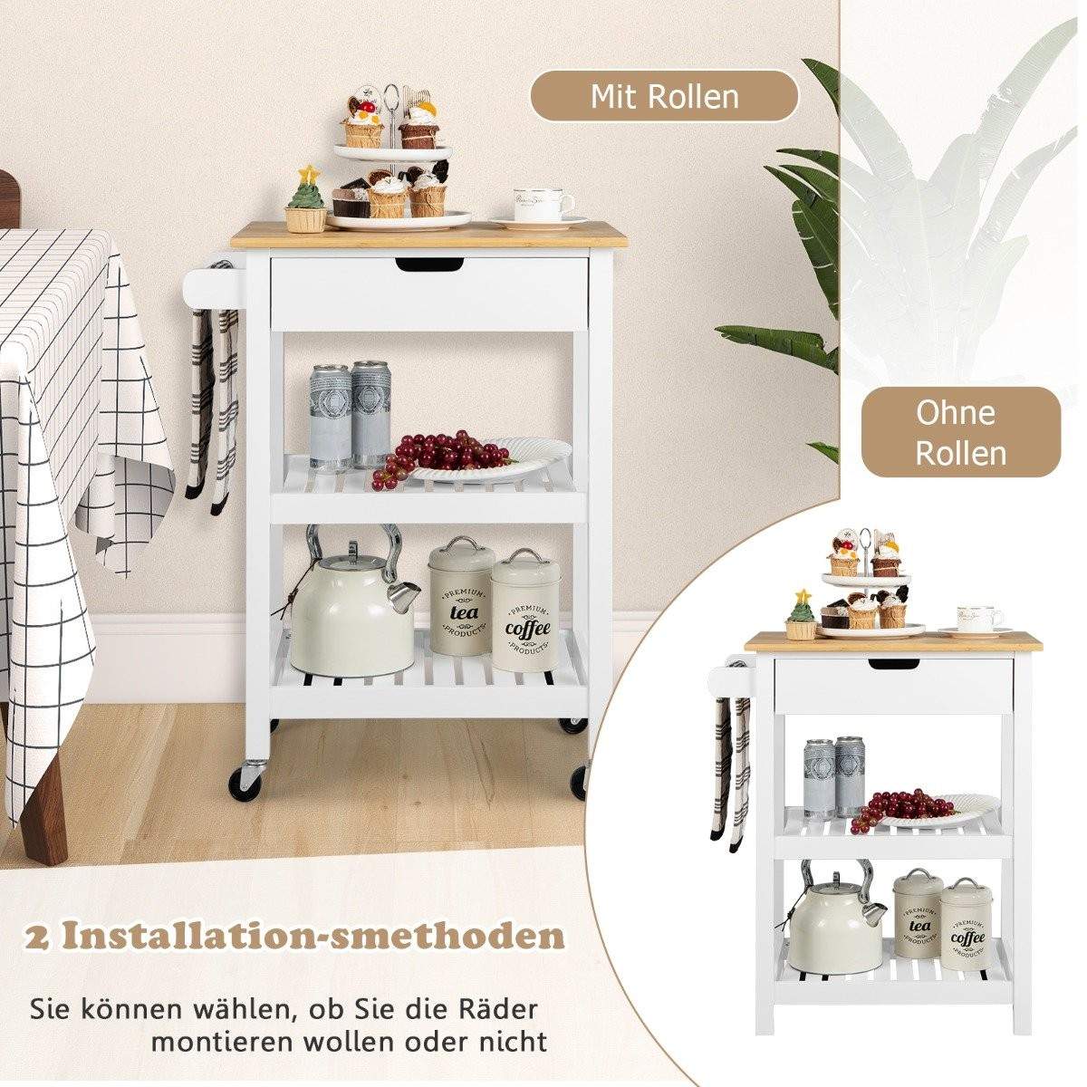 Bamboo Kitchen Island with Pull-Out Drawer & Side Push Handle Rollable ...