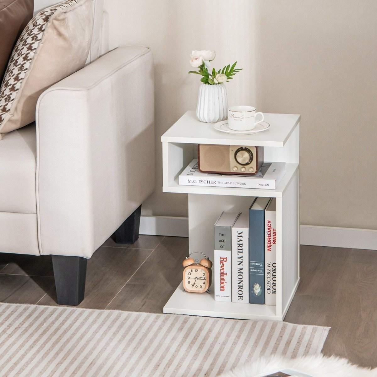 S-shaped side table with 2 open compartments modern bedside table 33 x ...