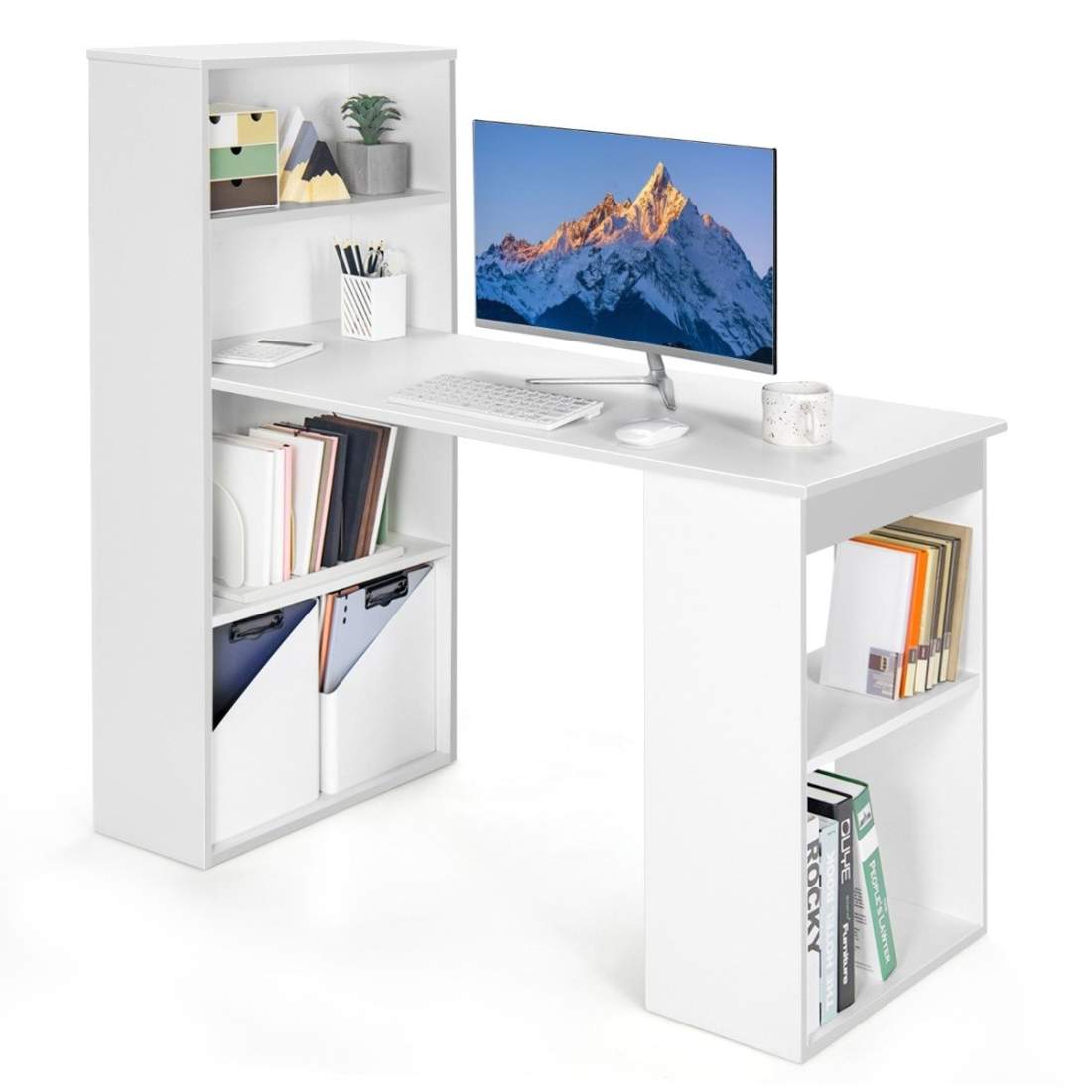 Desk with bookshelf Computer table with 6 shelves PC table with shelf ...