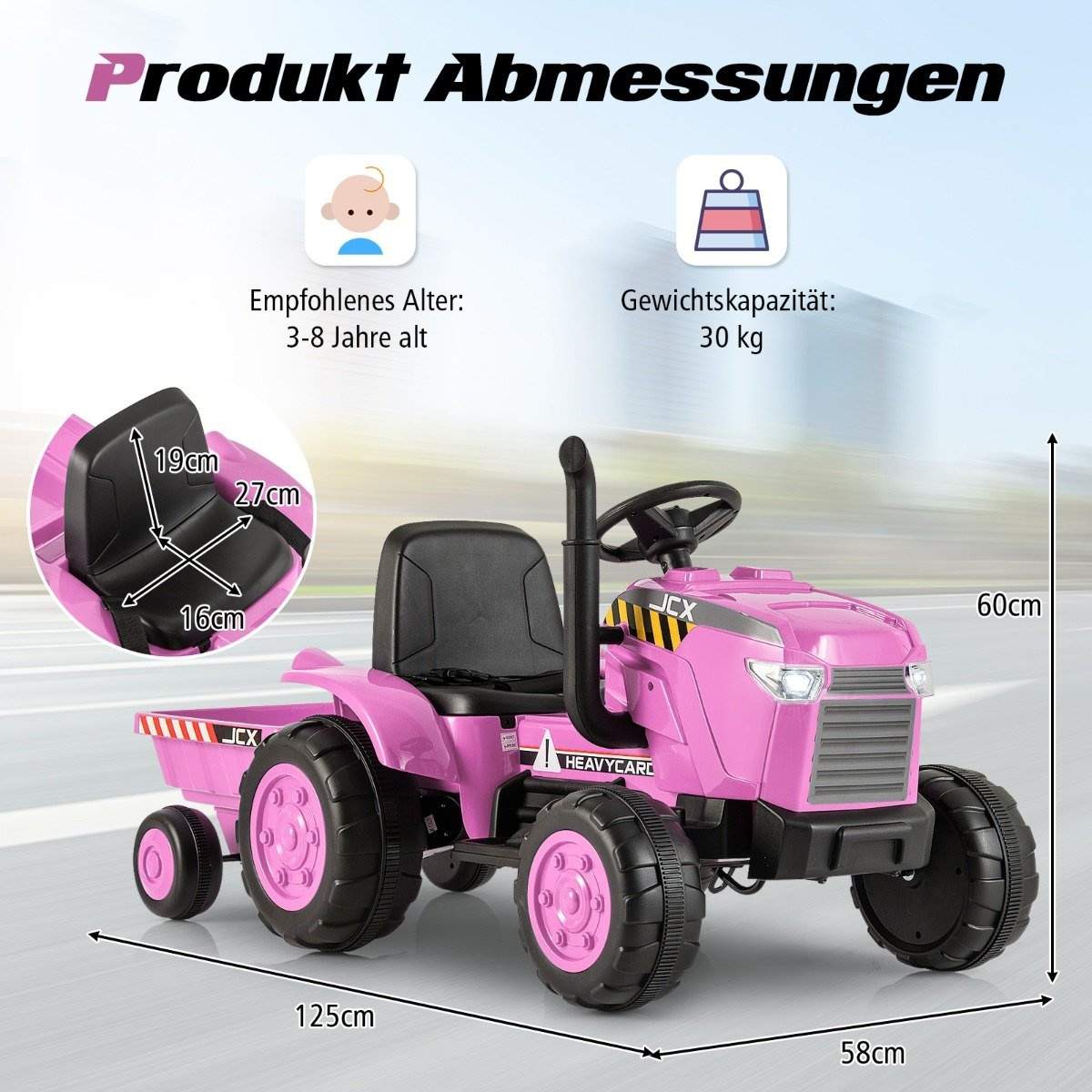 2 i 1 elektrisk traktor för barn med släp & Fjärrkontroll Elleksaksbil Rosa