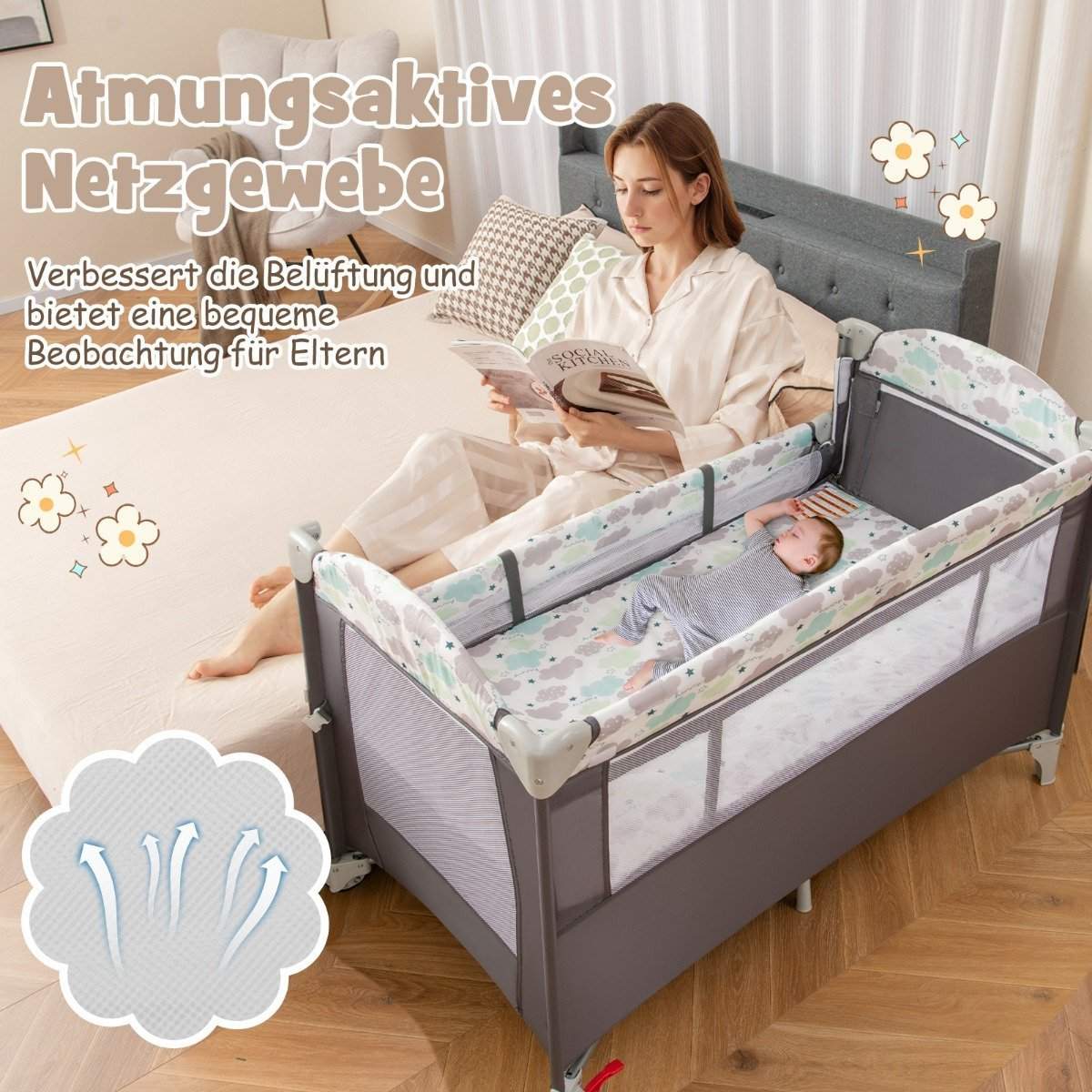 5 in 1 folding side bed travel cot with mattress 2 level baby bed with ...