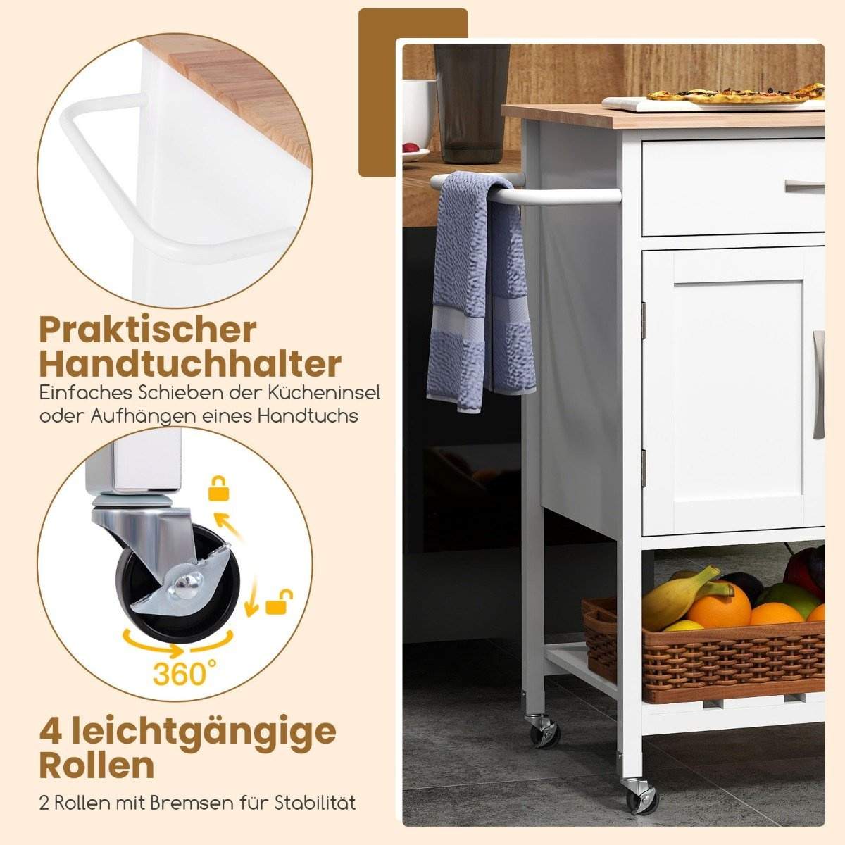 Kitchen trolley with worktop, serving trolley with wheels, trolley with ...