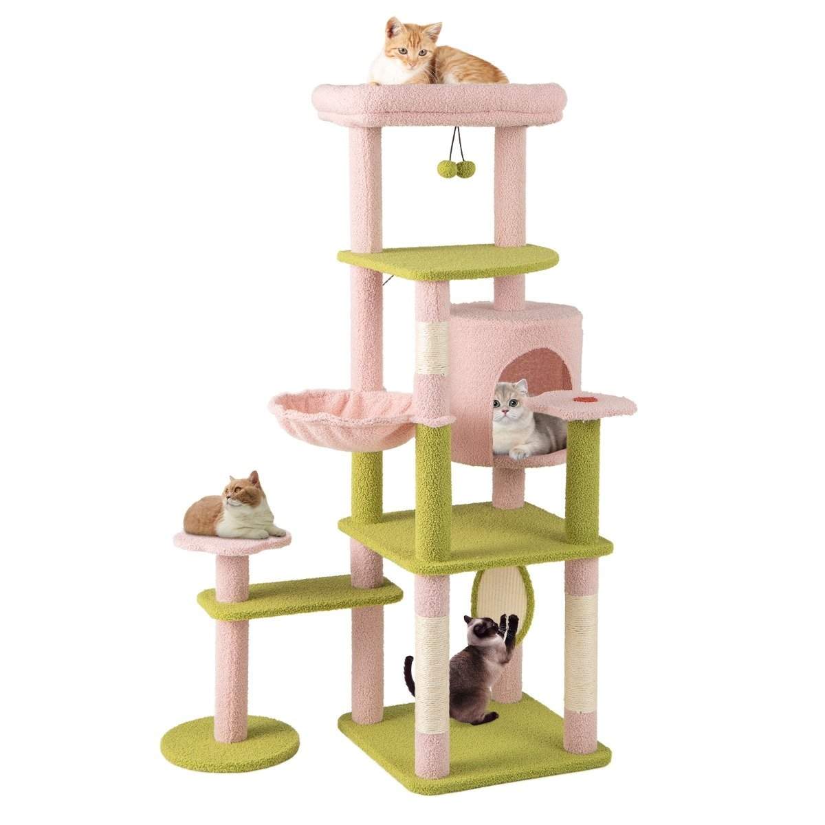 Floral Scratching Post & Plush Padded Platform & Cat House Cat Tree