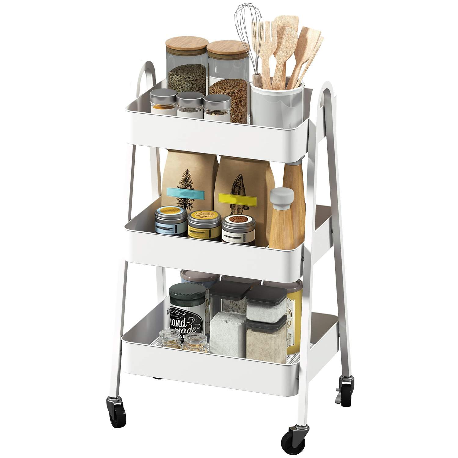 Serving trolley with 3 levels, kitchen trolley with wheels, handle ...