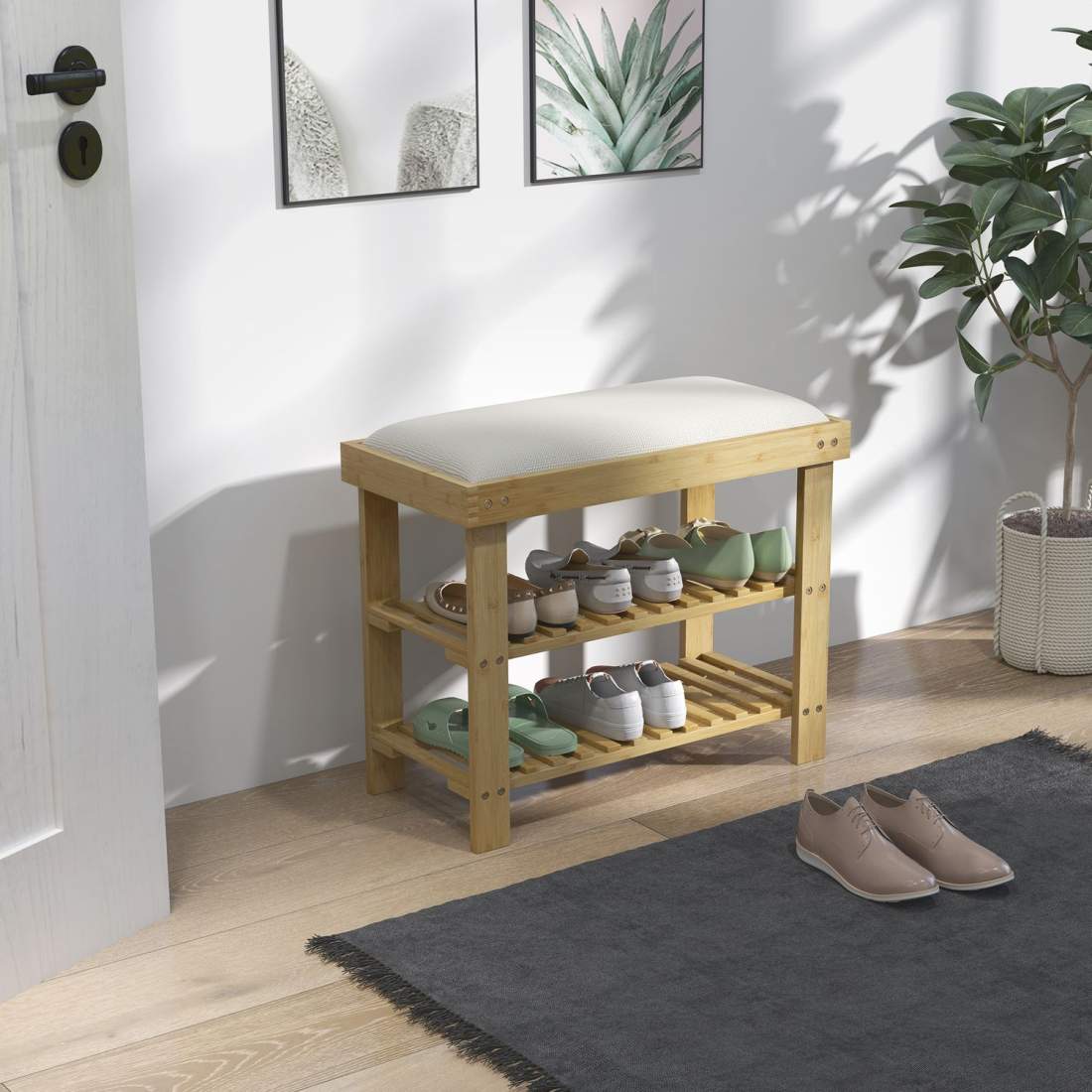 Shoe bench with seat, bamboo bench with storage space, shoe rack with 2 ...