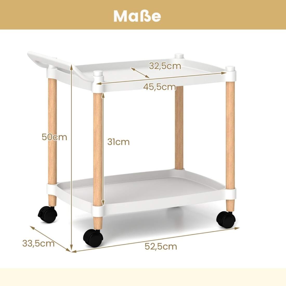 2-tier rolling cart with lockable wheels & beechwood frame trolley ...