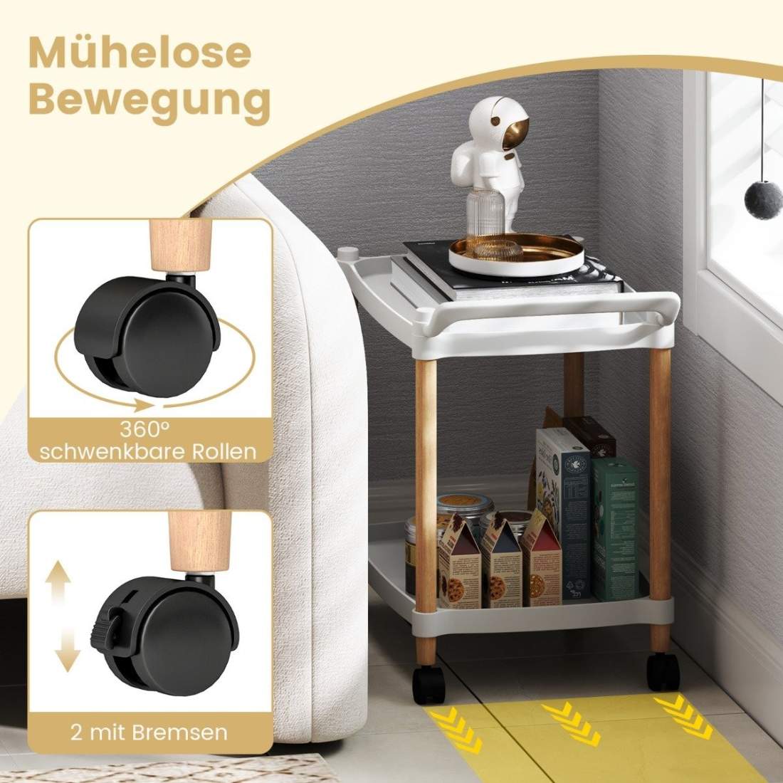 2-tier rolling cart with lockable wheels & beechwood frame trolley ...