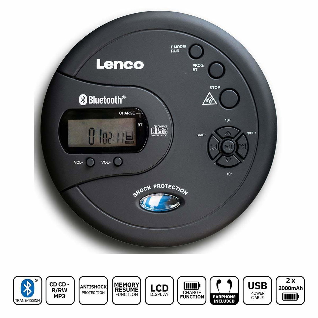 Portable Bluetooth® CD-MP3 player with antishock Black