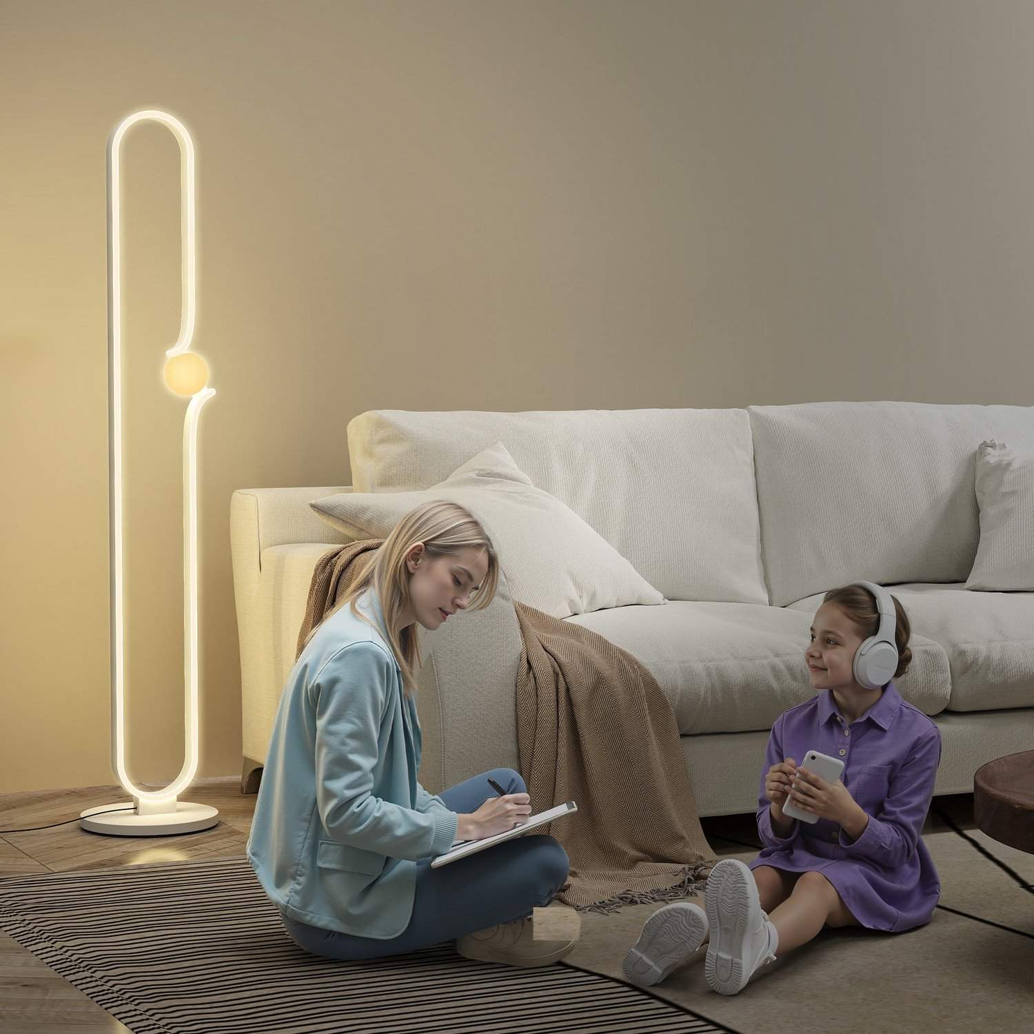 LED gulvlampe, nodedesign, glasskærm, metal, plastik, hvid