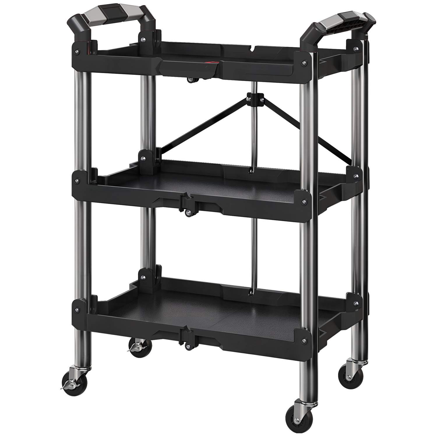 Tool trolley, foldable 3-tier tool cart, plastic, steel, black