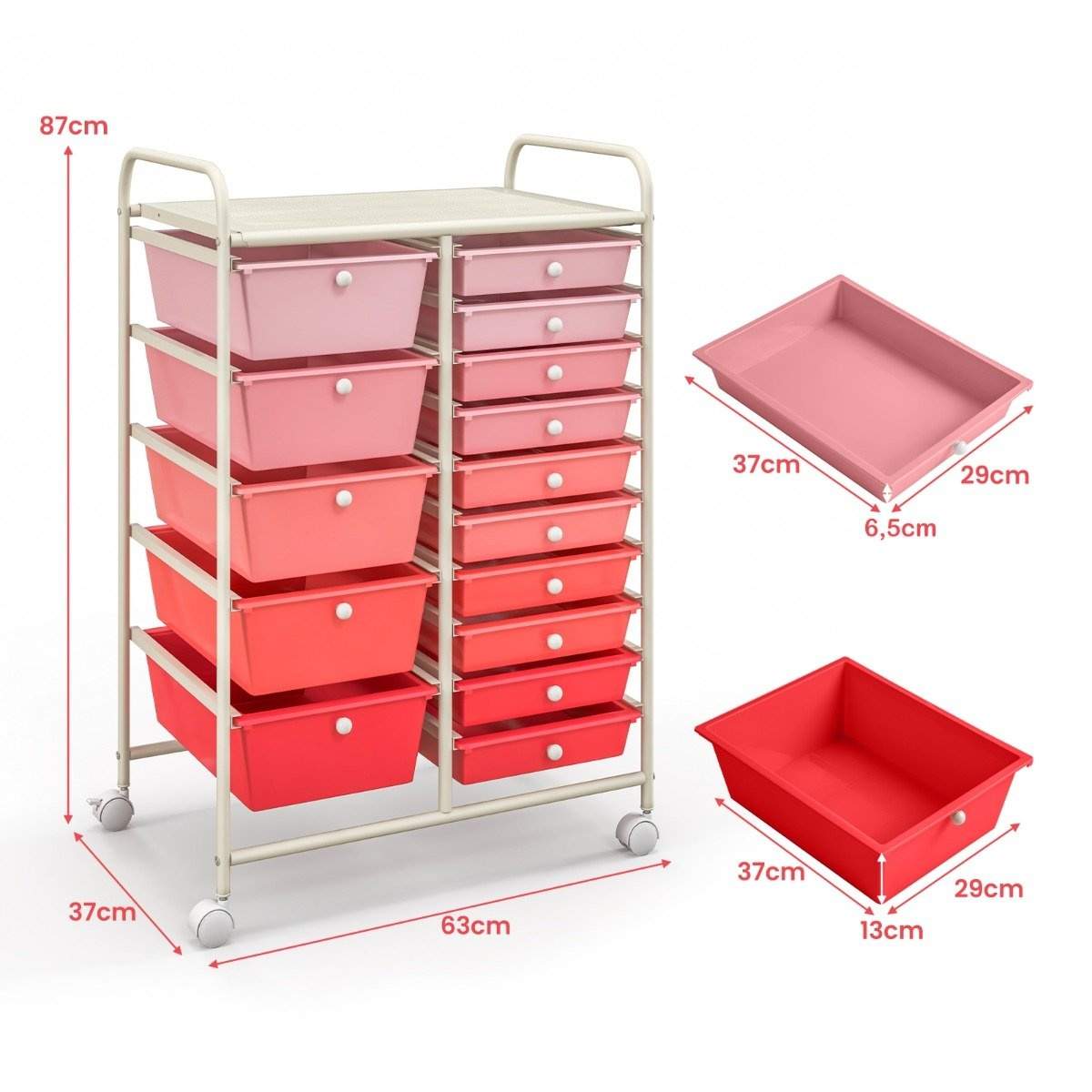 Rolling Cart with 15 Stackable Drawers – Pink, Easy Mobility