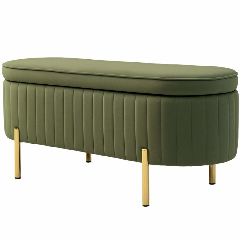 Storage Bench with Hinged Lid, Fabric, Dark Green & Gold