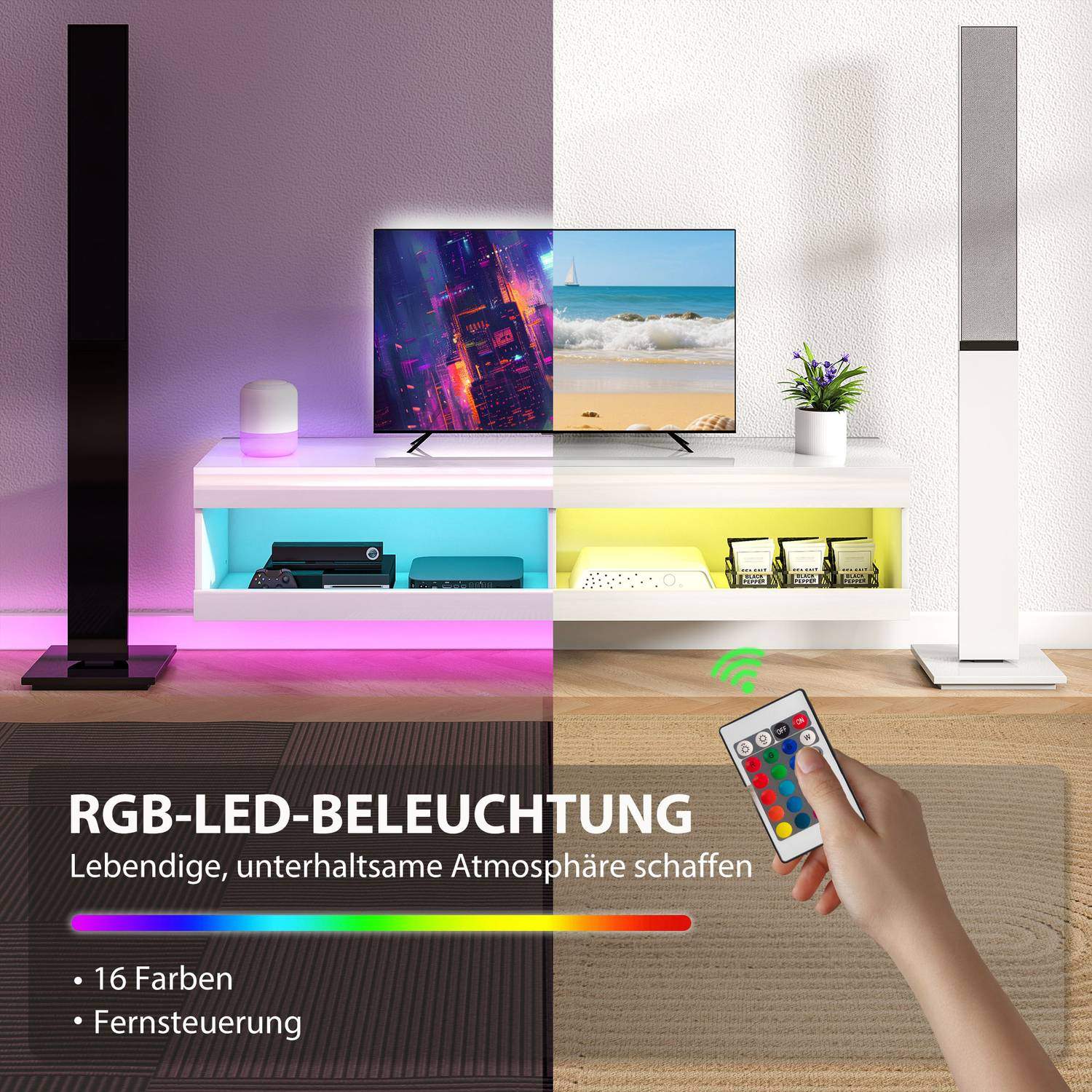 Flytande TV-stativ med RGB LED, 55-60 tum, blank vit